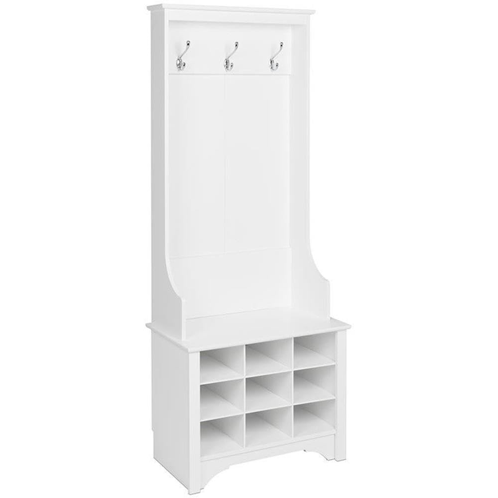 Prepac White Hall Tree, Shoe Cabinet, Storage Cabinet with 9 Shoe Cubbies and 3 Double Coat Hooks 15.5" D x 27" W x 68" H