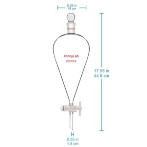 StonyLab PTFE Stopcock Separatory Funnel 2L, Borosilicate Glass Heavy Wall Conical Pear-Shaped Separatory Funnel Separation Funnel with 24/29 Joint