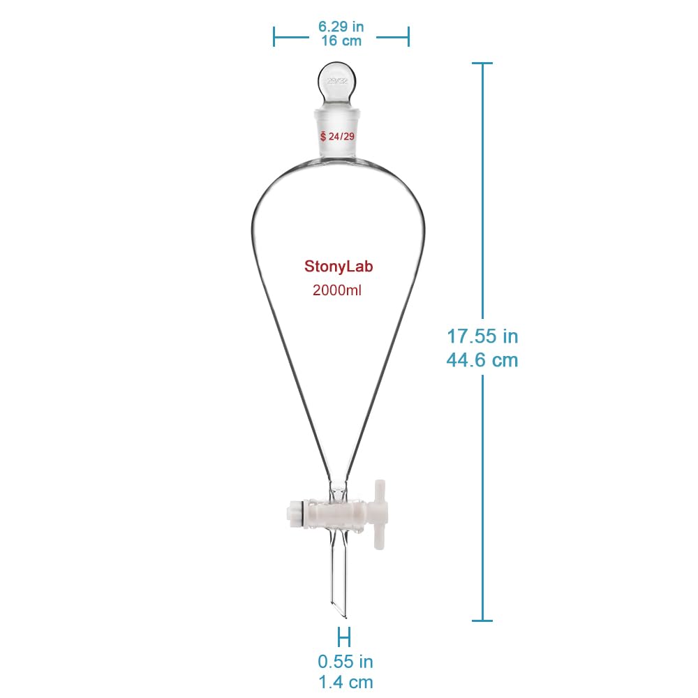 StonyLab PTFE Stopcock Separatory Funnel 2L, Borosilicate Glass Heavy Wall Conical Pear-Shaped Separatory Funnel Separation Funnel with 24/29 Joint