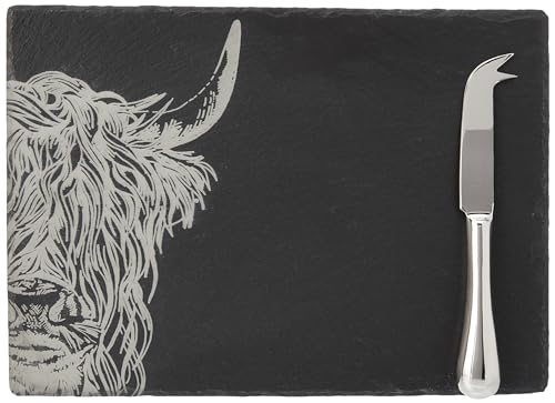 The Just Slate Company JS/CBGS/HC Highland Cow Cheese Board and Knife Gift Set, Slate