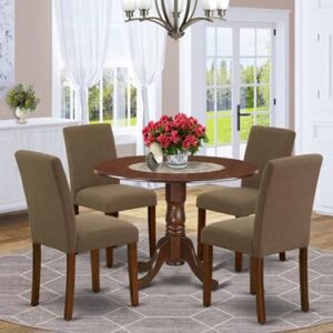 East West Furniture DLAB5-MAH-18 5 Piece Kitchen Table & Chairs Set Includes a Round Dining Room Table with Dropleaf and 4 Coffee Linen Fabric Parson Dining Chairs, 42x42 Inch, Mahogany