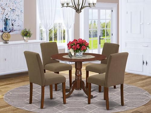 East West Furniture DLAB5-MAH-18 5 Piece Kitchen Table & Chairs Set Includes a Round Dining Room Table with Dropleaf and 4 Coffee Linen Fabric Parson Dining Chairs, 42x42 Inch, Mahogany