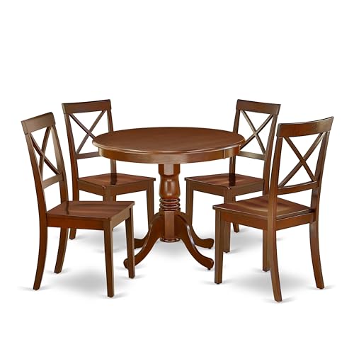 East West Furniture ANBO5-MAH-W 5 Piece Dinette Set for 4 Includes a Round Kitchen Table with Pedestal and 4 Dining Room Chairs, 36x36 Inch, Mahogany