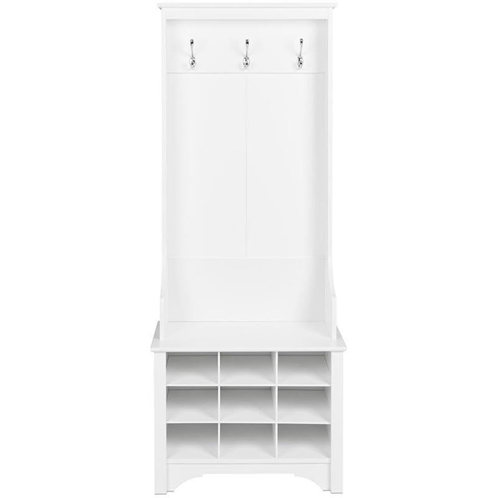 Prepac White Hall Tree, Shoe Cabinet, Storage Cabinet with 9 Shoe Cubbies and 3 Double Coat Hooks 15.5" D x 27" W x 68" H