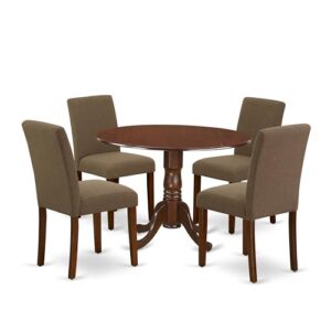 east west furniture dlab5-mah-18 5 piece kitchen table & chairs set includes a round dining room table with dropleaf and 4 coffee linen fabric parson dining chairs, 42x42 inch, mahogany