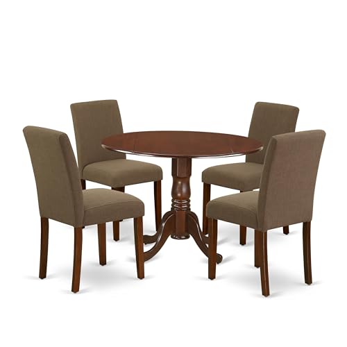 East West Furniture DLAB5-MAH-18 5 Piece Kitchen Table & Chairs Set Includes a Round Dining Room Table with Dropleaf and 4 Coffee Linen Fabric Parson Dining Chairs, 42x42 Inch, Mahogany