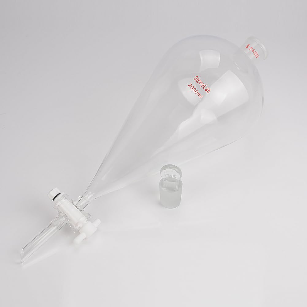 StonyLab PTFE Stopcock Separatory Funnel 2L, Borosilicate Glass Heavy Wall Conical Pear-Shaped Separatory Funnel Separation Funnel with 24/29 Joint