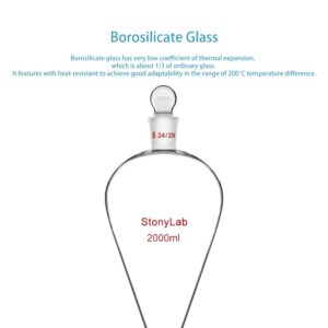 StonyLab PTFE Stopcock Separatory Funnel 2L, Borosilicate Glass Heavy Wall Conical Pear-Shaped Separatory Funnel Separation Funnel with 24/29 Joint