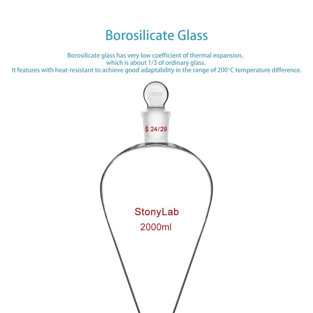 StonyLab PTFE Stopcock Separatory Funnel 2L, Borosilicate Glass Heavy Wall Conical Pear-Shaped Separatory Funnel Separation Funnel with 24/29 Joint