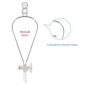 StonyLab PTFE Stopcock Separatory Funnel 2L, Borosilicate Glass Heavy Wall Conical Pear-Shaped Separatory Funnel Separation Funnel with 24/29 Joint