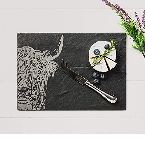 The Just Slate Company JS/CBGS/HC Highland Cow Cheese Board and Knife Gift Set, Slate