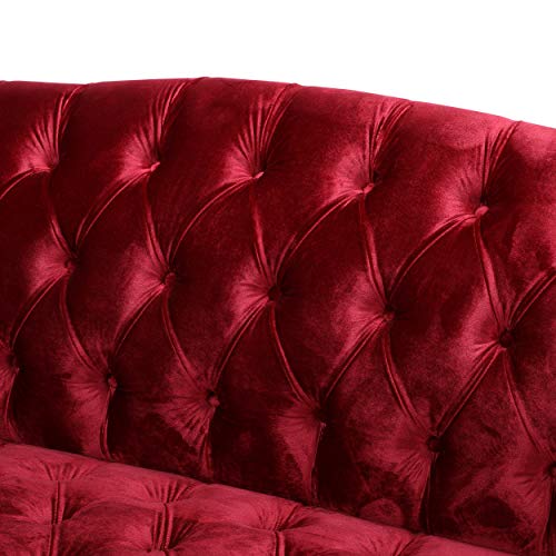 GDFStudio Esther Modern Glam Tufted Velvet 3 Seater Sofa, Wine and Walnut