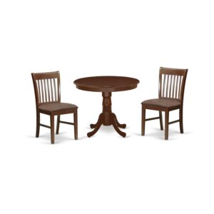 east west furniture anno3-mah-c 3 piece kitchen table & chairs set contains a round dining room table with pedestal and 2 linen fabric dining room chairs, 36x36 inch, mahogany