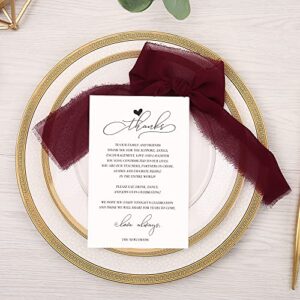 DORIS HOME Wedding Thank You Place Setting Cards, 4x6 Print to add to Your Table Centerpieces and Wedding Decorations — Pack of 50 (Burgundy Ribbon with Black Printing)