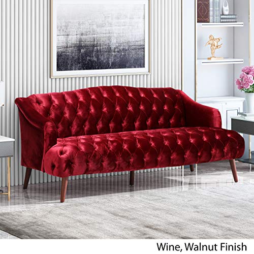 GDFStudio Esther Modern Glam Tufted Velvet 3 Seater Sofa, Wine and Walnut