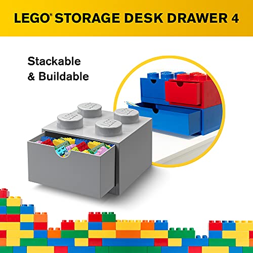 ROOM Copenhagen Lego Storage Brick 4 Desk Drawer, 4-Stud Stackable Tabletop Storage Box, 6.2 x 6.2 x 4.4 in, Stone Grey