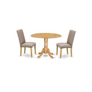 east west furniture dldr3-oak-16 3 piece dining room furniture set contains a round dining table with dropleaf and 2 dark khaki linen fabric parsons chairs, 42x42 inch, oak