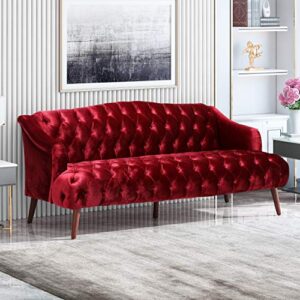 GDFStudio Esther Modern Glam Tufted Velvet 3 Seater Sofa, Wine and Walnut