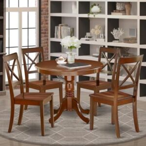 East West Furniture ANBO5-MAH-W 5 Piece Dinette Set for 4 Includes a Round Kitchen Table with Pedestal and 4 Dining Room Chairs, 36x36 Inch, Mahogany