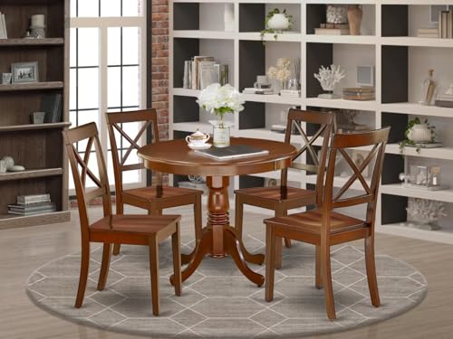 East West Furniture ANBO5-MAH-W 5 Piece Dinette Set for 4 Includes a Round Kitchen Table with Pedestal and 4 Dining Room Chairs, 36x36 Inch, Mahogany