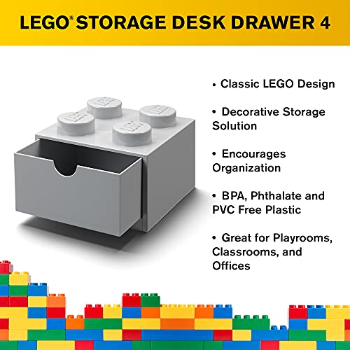 ROOM Copenhagen Lego Storage Brick 4 Desk Drawer, 4-Stud Stackable Tabletop Storage Box, 6.2 x 6.2 x 4.4 in, Stone Grey