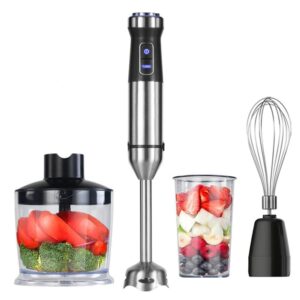 immersion hand blender multi-purpose 220v 4 in 1 blender heavy duty copper motor stainless steel finish includes whisk attachment, chopper and smoothies cup (eu plug)