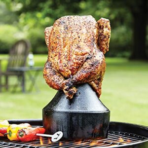 Outset 76633 Cast Iron Beer Can Chicken Stand, Garlic Roaster and Flavor Infuser, Black