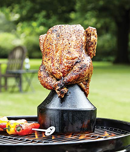 Outset 76633 Cast Iron Beer Can Chicken Stand, Garlic Roaster and Flavor Infuser, Black