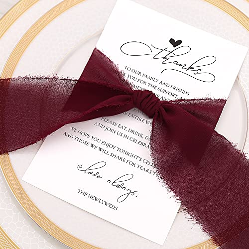 DORIS HOME Wedding Thank You Place Setting Cards, 4x6 Print to add to Your Table Centerpieces and Wedding Decorations — Pack of 50 (Burgundy Ribbon with Black Printing)