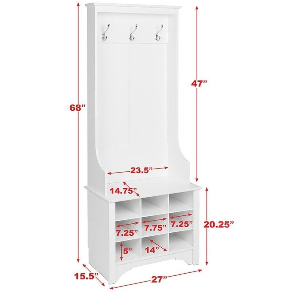 Prepac White Hall Tree, Shoe Cabinet, Storage Cabinet with 9 Shoe Cubbies and 3 Double Coat Hooks 15.5" D x 27" W x 68" H