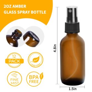 12 Pack 2oz 60 ml Amber Glass Spray Bottles with Fine Mist Sprayer & Dust Cap for Essential Oils, Perfumes,Cleaning Products.Included 1 Brush,2 Extra Sprayers,2 Funnels,3 Droppers & 24 Labels.