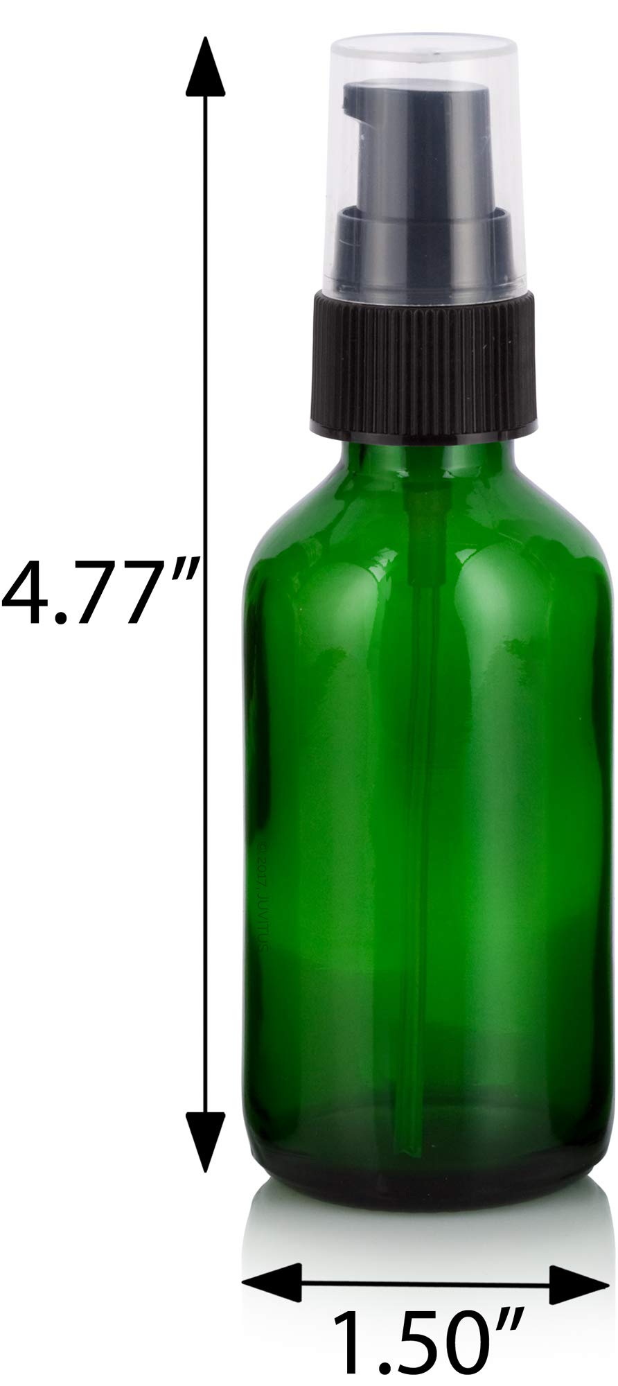 JUVITUS 2 oz Green Glass Luxury Boston Round Bottle with Black Treatment Pump (24 Pack) + Funnel I Refillable Empty Storage Containers