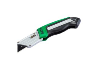 sata t-series folding utility knife with easy-access blade storage in the body and a green dual material handle - st93486