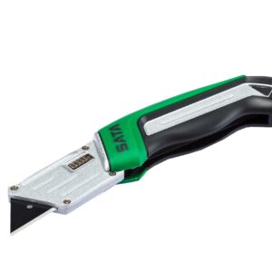 SATA T-Series Folding Utility Knife with Easy-Access Blade Storage in the Body and a Green Dual Material Handle - ST93486