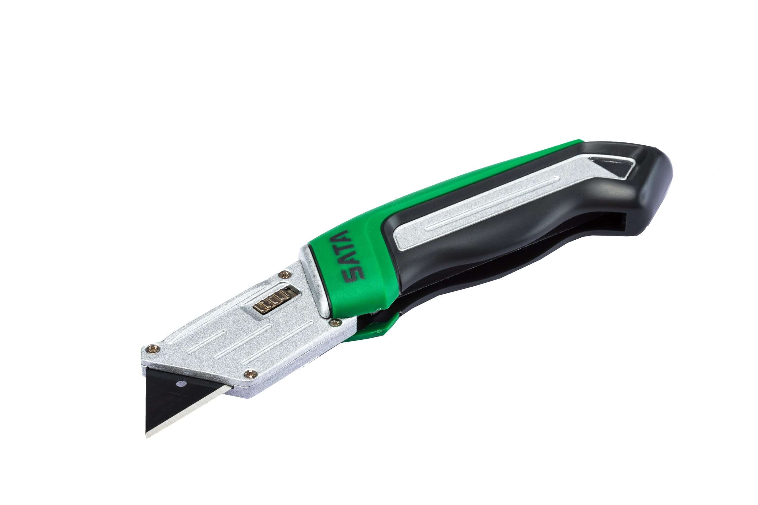 SATA T-Series Folding Utility Knife with Easy-Access Blade Storage in the Body and a Green Dual Material Handle - ST93486