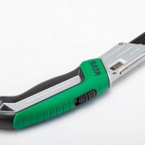 SATA T-Series Folding Utility Knife with Easy-Access Blade Storage in the Body and a Green Dual Material Handle - ST93486