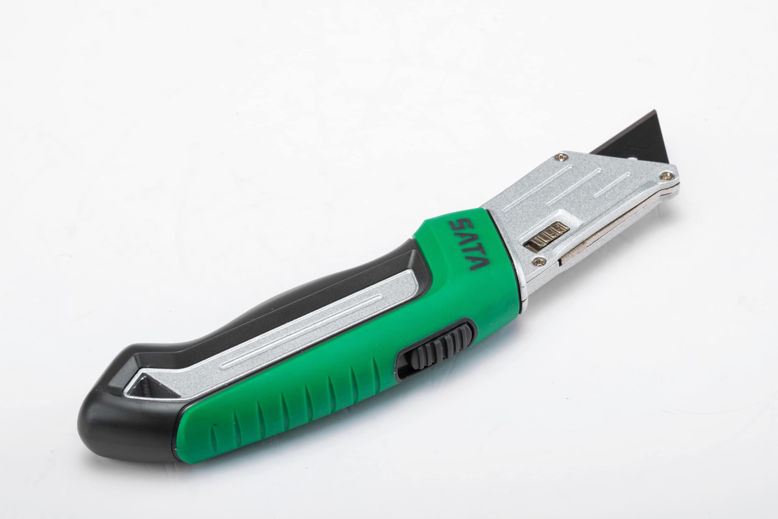 SATA T-Series Folding Utility Knife with Easy-Access Blade Storage in the Body and a Green Dual Material Handle - ST93486