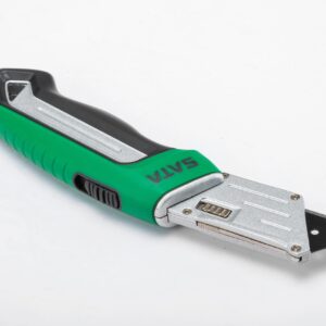 SATA T-Series Folding Utility Knife with Easy-Access Blade Storage in the Body and a Green Dual Material Handle - ST93486