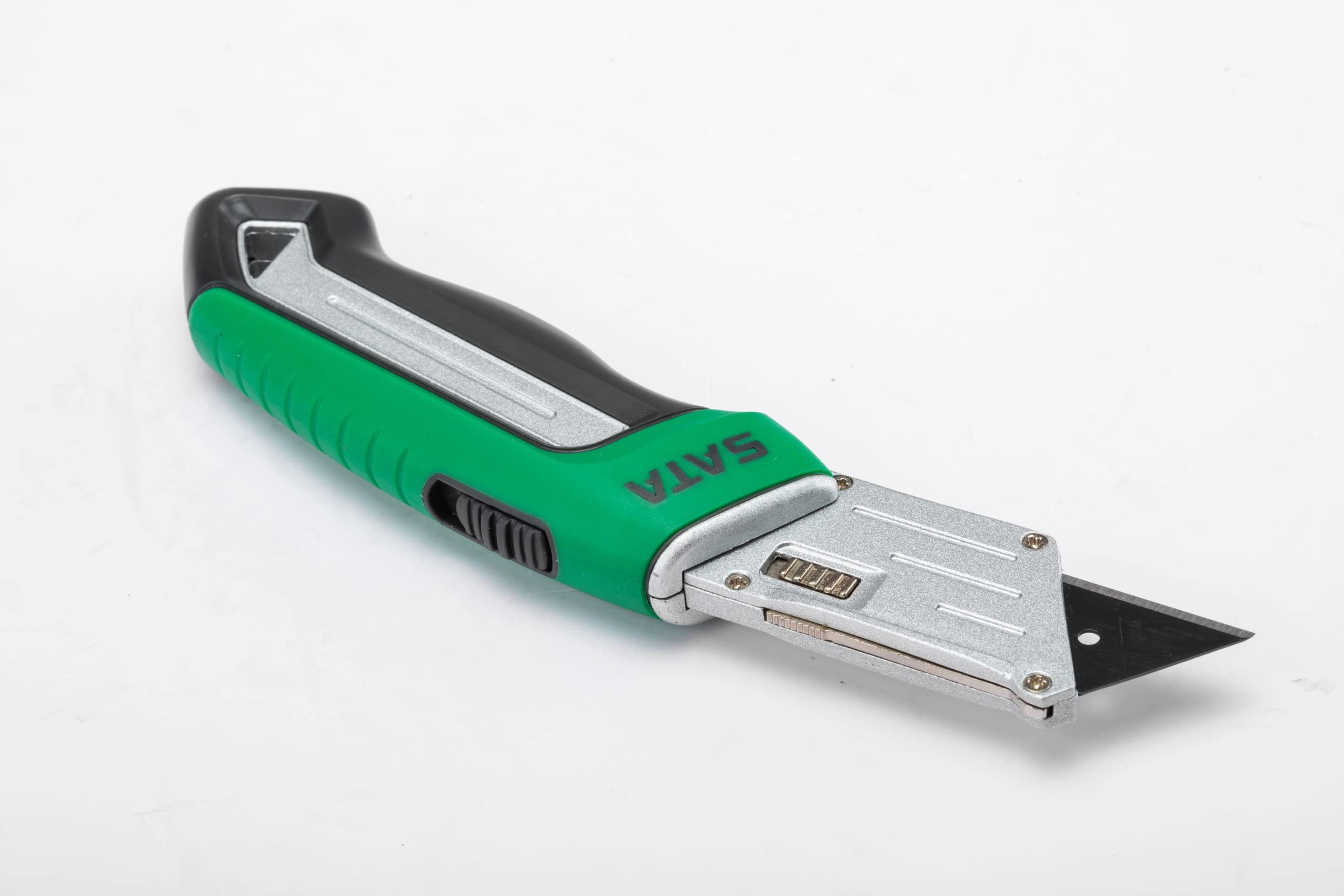 SATA T-Series Folding Utility Knife with Easy-Access Blade Storage in the Body and a Green Dual Material Handle - ST93486