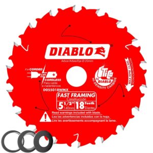 diablo fast framing saw blade for wood - hi-density carbide - 5-1/2" diameter, 18 atb teeth, 20mm arbor, .049" kerf, 18° hook angle, .039" plate, 12000 max rpm - d055018wmx