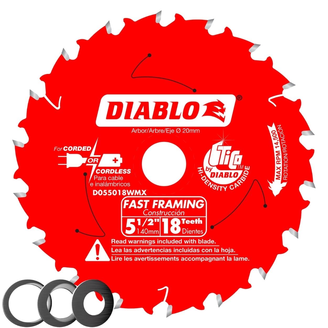 Diablo Fast Framing Saw Blade for Wood - Hi-Density Carbide - 5-1/2" Diameter, 18 ATB Teeth, 20mm Arbor, .049" Kerf, 18° Hook Angle, .039" Plate, 12000 Max RPM - D055018WMX