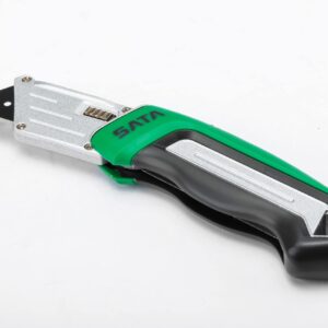 SATA T-Series Folding Utility Knife with Easy-Access Blade Storage in the Body and a Green Dual Material Handle - ST93486