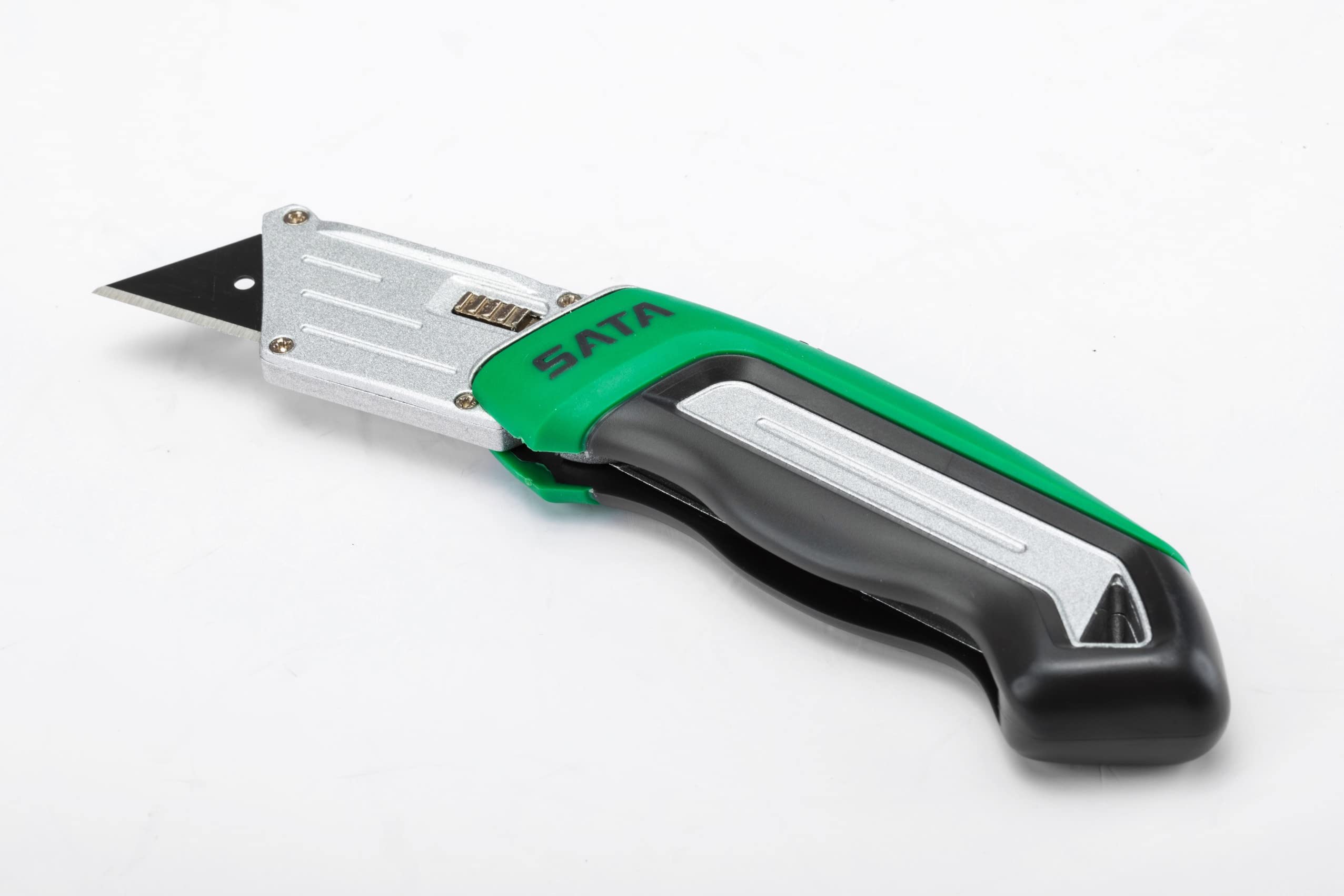 SATA T-Series Folding Utility Knife with Easy-Access Blade Storage in the Body and a Green Dual Material Handle - ST93486