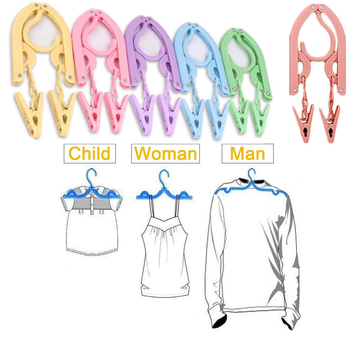 YOUOWO Travel Hangers with Clips Portable Folding Clothes Hangers 12 pcs with 24 pcs Hanger Clips for Scarves Suits Trousers Pants Shirts Socks Underwear Travel Home Foldable Clothes Drying Rack