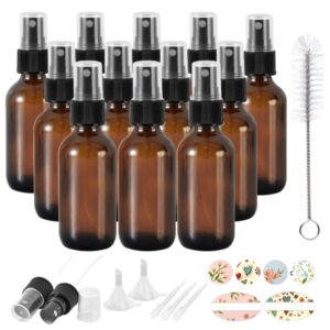 12 pack 2oz 60 ml amber glass spray bottles with fine mist sprayer & dust cap for essential oils, perfumes,cleaning products.included 1 brush,2 extra sprayers,2 funnels,3 droppers & 24 labels.