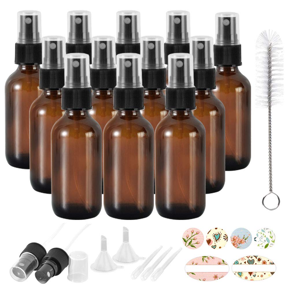 12 Pack 2oz 60 ml Amber Glass Spray Bottles with Fine Mist Sprayer & Dust Cap for Essential Oils, Perfumes,Cleaning Products.Included 1 Brush,2 Extra Sprayers,2 Funnels,3 Droppers & 24 Labels.