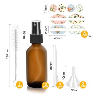 12 Pack 2oz 60 ml Amber Glass Spray Bottles with Fine Mist Sprayer & Dust Cap for Essential Oils, Perfumes,Cleaning Products.Included 1 Brush,2 Extra Sprayers,2 Funnels,3 Droppers & 24 Labels.