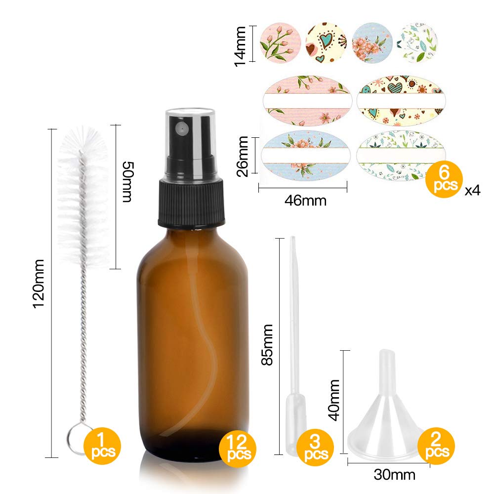 12 Pack 2oz 60 ml Amber Glass Spray Bottles with Fine Mist Sprayer & Dust Cap for Essential Oils, Perfumes,Cleaning Products.Included 1 Brush,2 Extra Sprayers,2 Funnels,3 Droppers & 24 Labels.