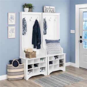 Prepac White Hall Tree, Shoe Cabinet, Storage Cabinet with 9 Shoe Cubbies and 3 Double Coat Hooks 15.5" D x 27" W x 68" H