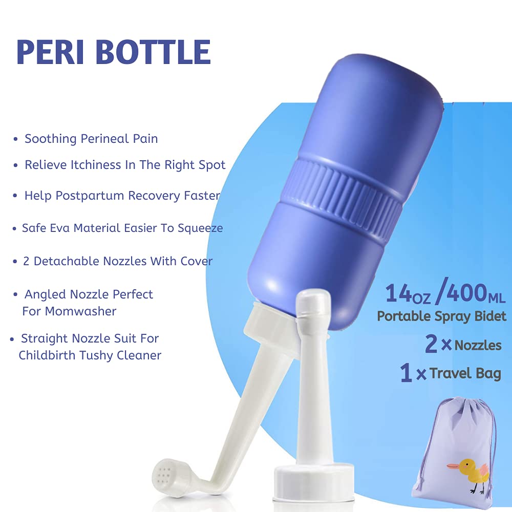 Postpartum Peri Bottle Upside Down Mom Spray Bottle Shattaf Portable Bidet for Postpartum Care, Baby Mom Washer 2In1 Travel Handheld Personal Hygiene Toilet Bottle 400Ml Bonus Angled Nozzle & Bag